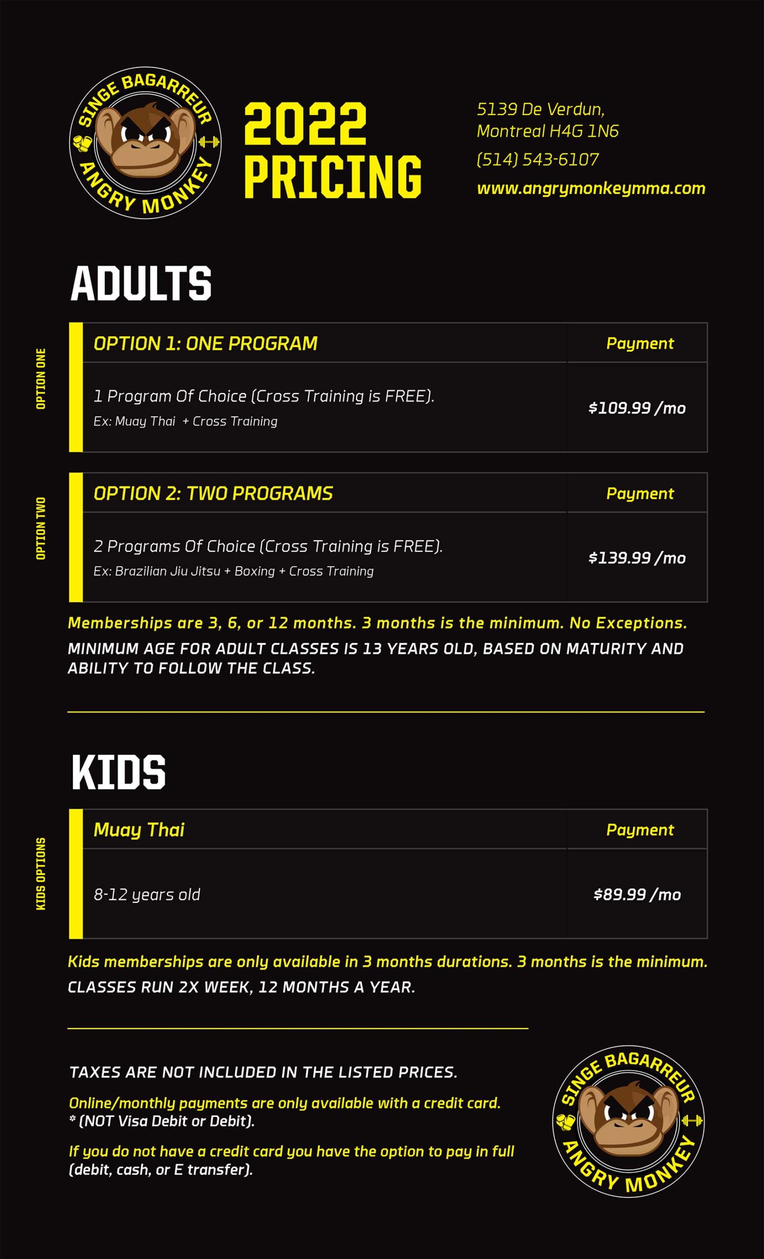 Prices - Angry Monkey MMA Gym